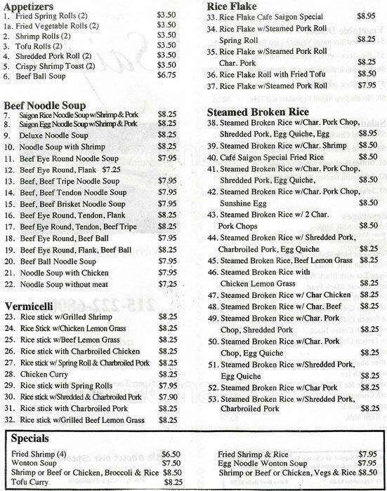 Pho Cafe Saigon Menu, Menu for Pho Cafe Saigon, Spruce Hill ...