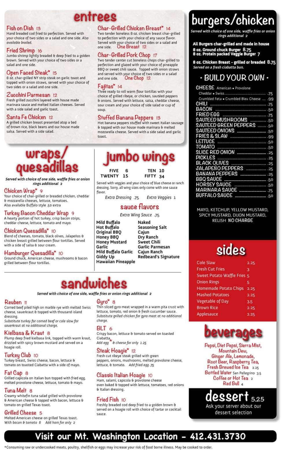 Menu at Redbeard's pub & bar, Pittsburgh, 144 6th St