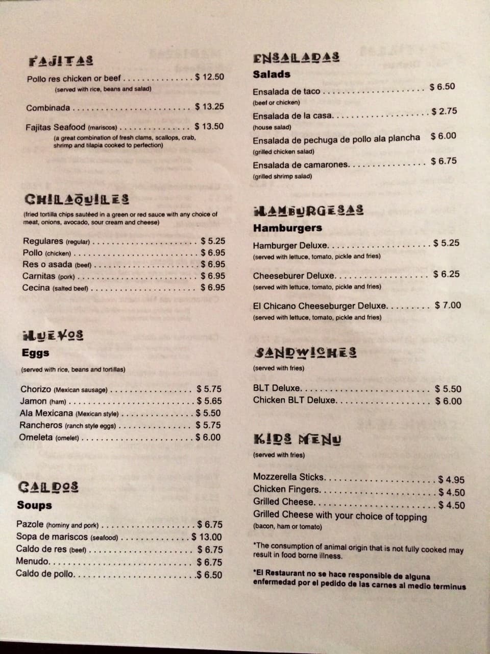 Menu at El Chicano restaurant, Lafayette