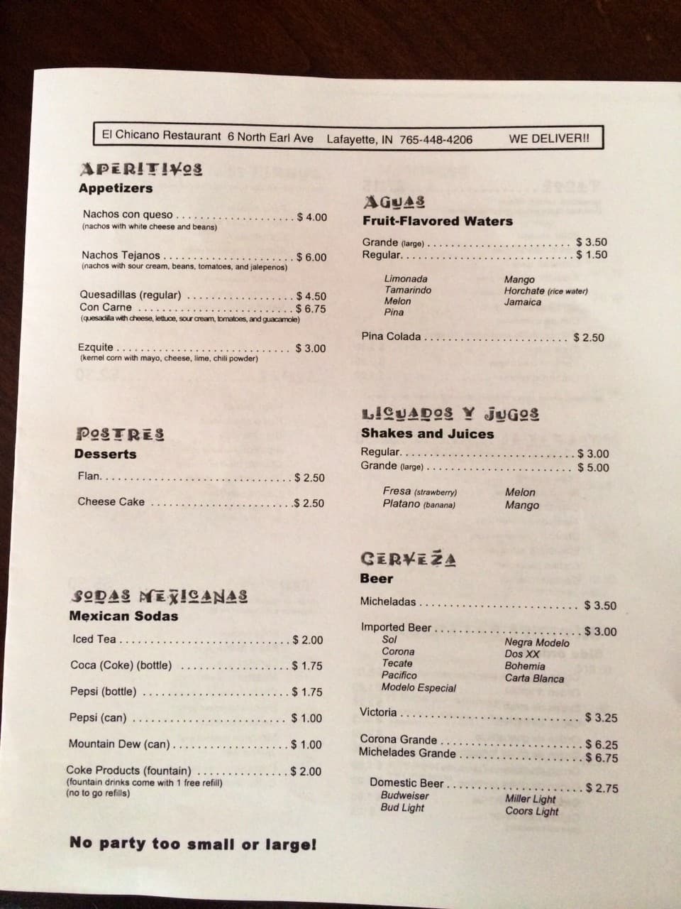 Menu at El Chicano restaurant, Lafayette