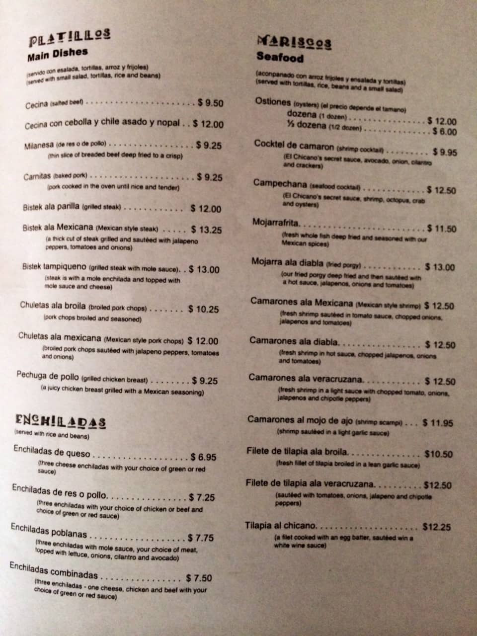Menu at El Chicano restaurant, Lafayette