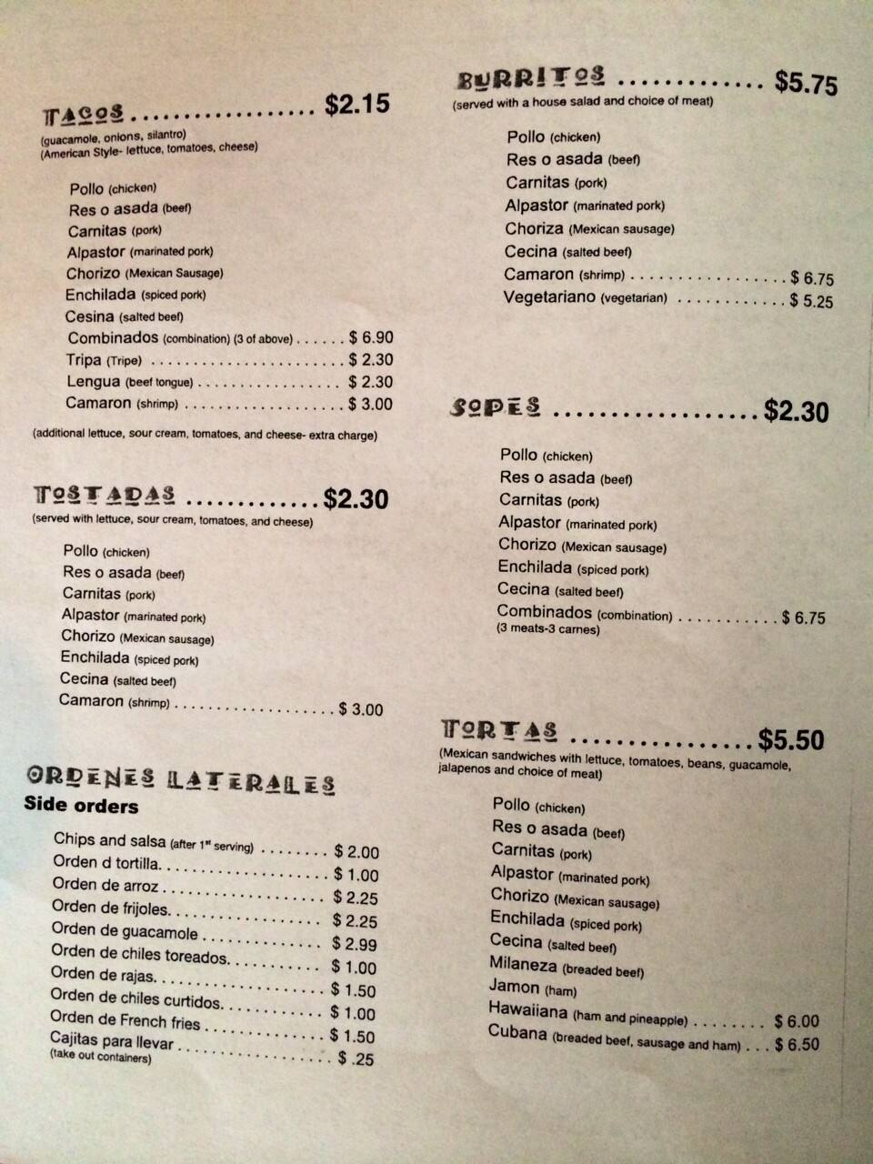 Menu at El Chicano restaurant, Lafayette
