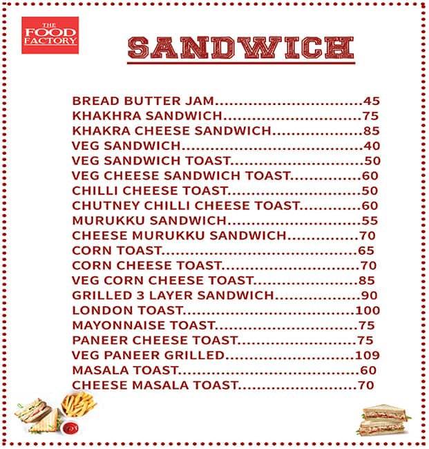 Menu at The Food Factory, Chennai, 31/14