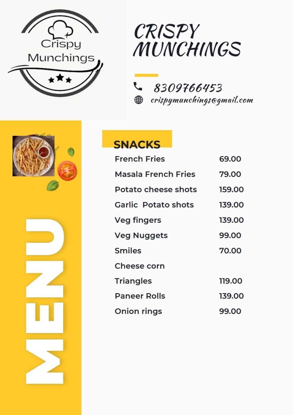 Menu of Crispy Munchings, Narapally, Hyderabad