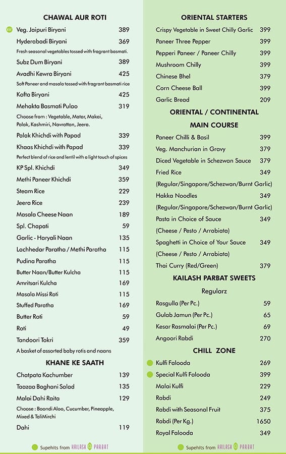 Menu of Kailash Parbat, Old Panvel, Navi Mumbai