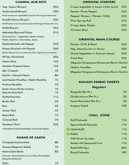 Menu at Kailash Parbat, Mumbai, Food Court, Phoenix High Street, Lower ...