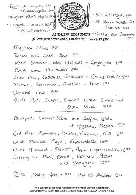 Menu at Andrew Edmunds Restaurant, London