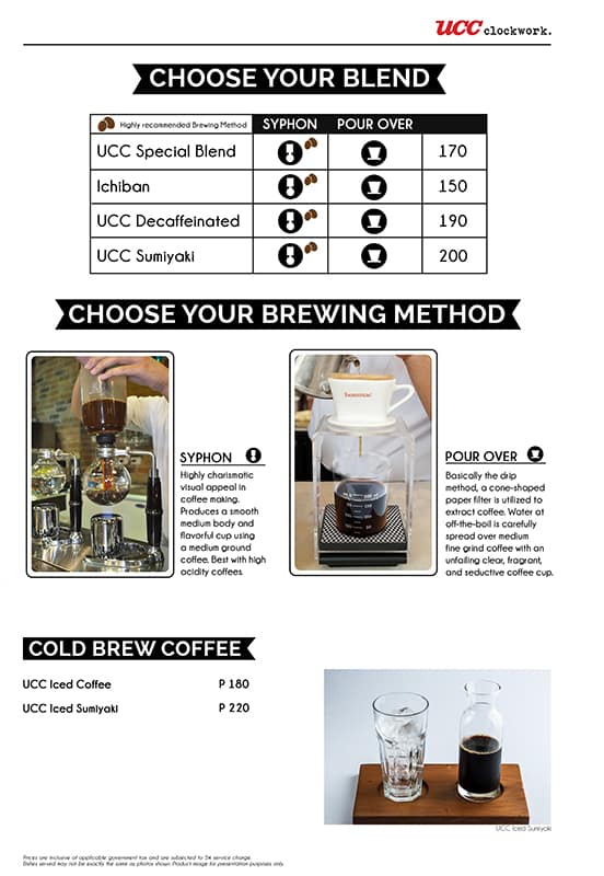 Menu at UCC Clockwork cafe, Manila, G/F 590 Pedro Gil St Robinsons Mall