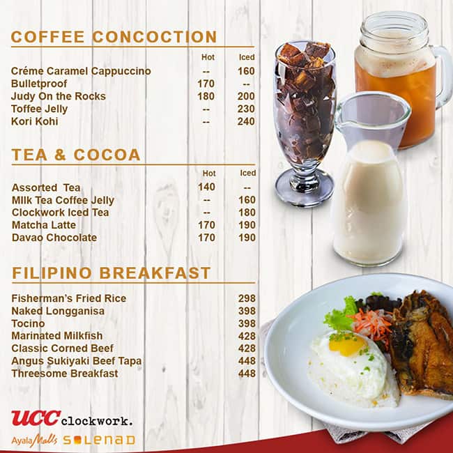 Menu at UCC Clockwork cafe, Manila, G/F 590 Pedro Gil St Robinsons Mall