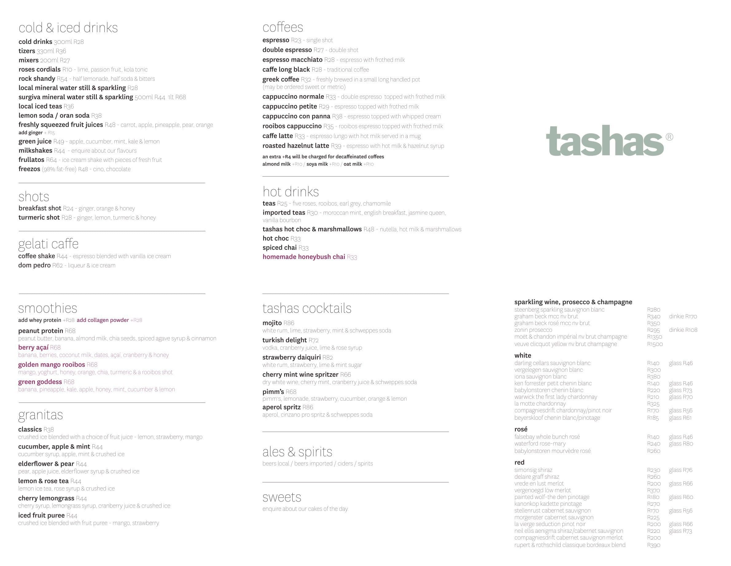 Menu at The Flamingo Room at Tashas restaurant, Sandton, 5th St