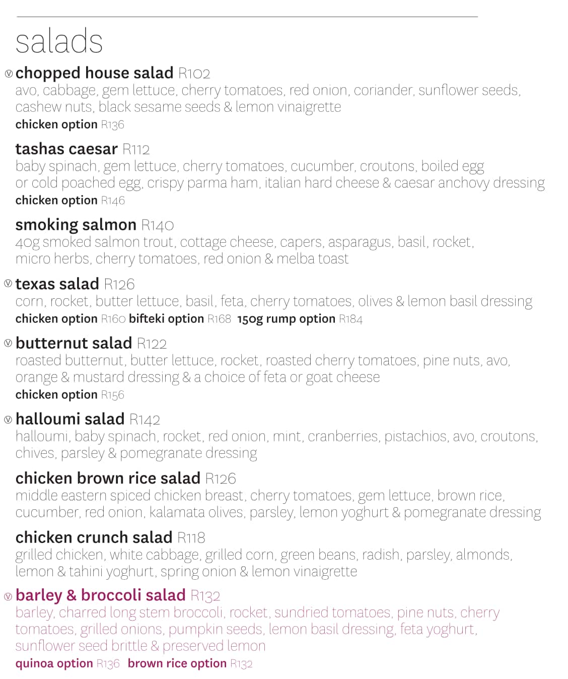 Menu at tashas Nelson Mandela Square restaurant, Sandton