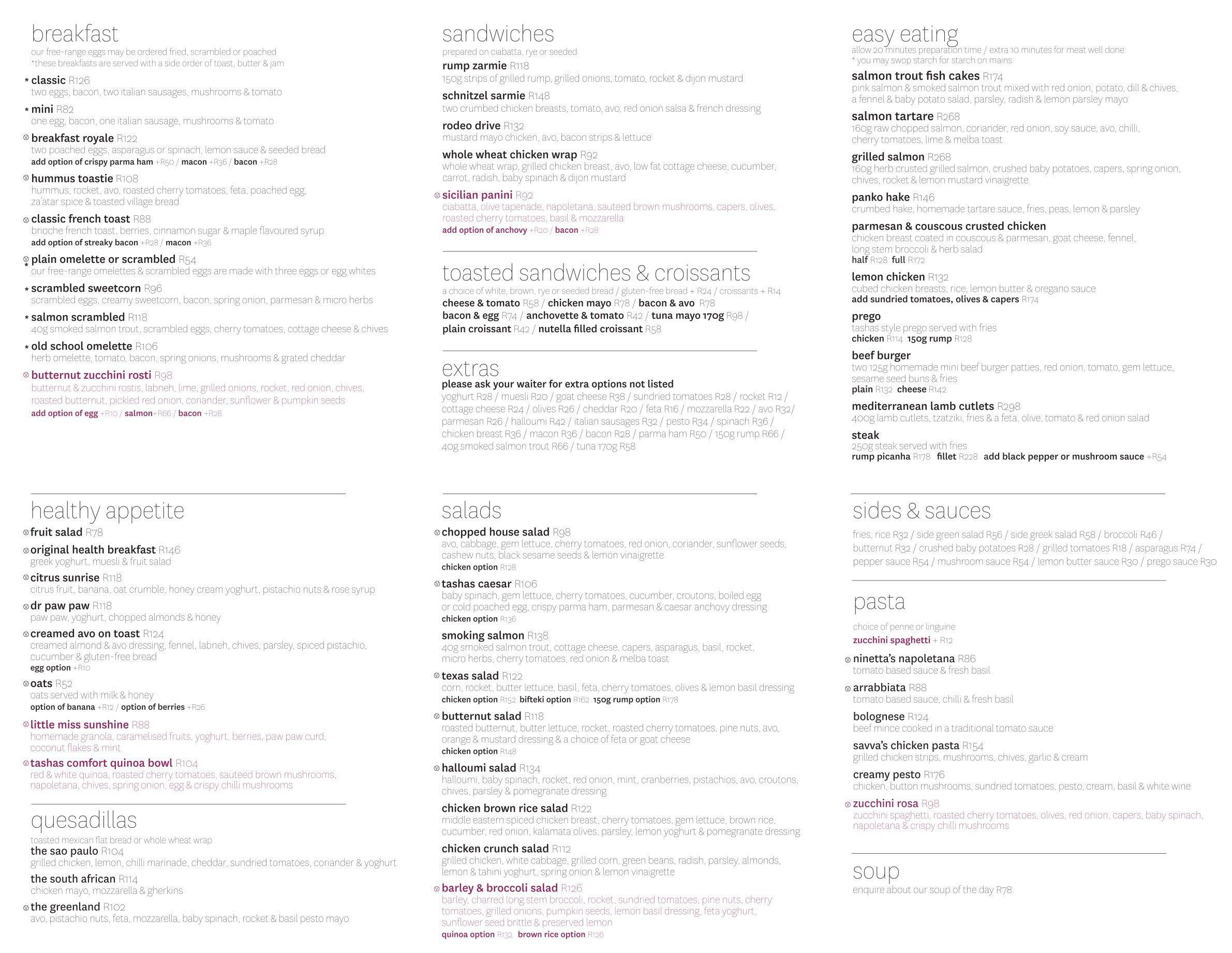 Menu at The Flamingo Room at Tashas restaurant, Sandton, 5th St