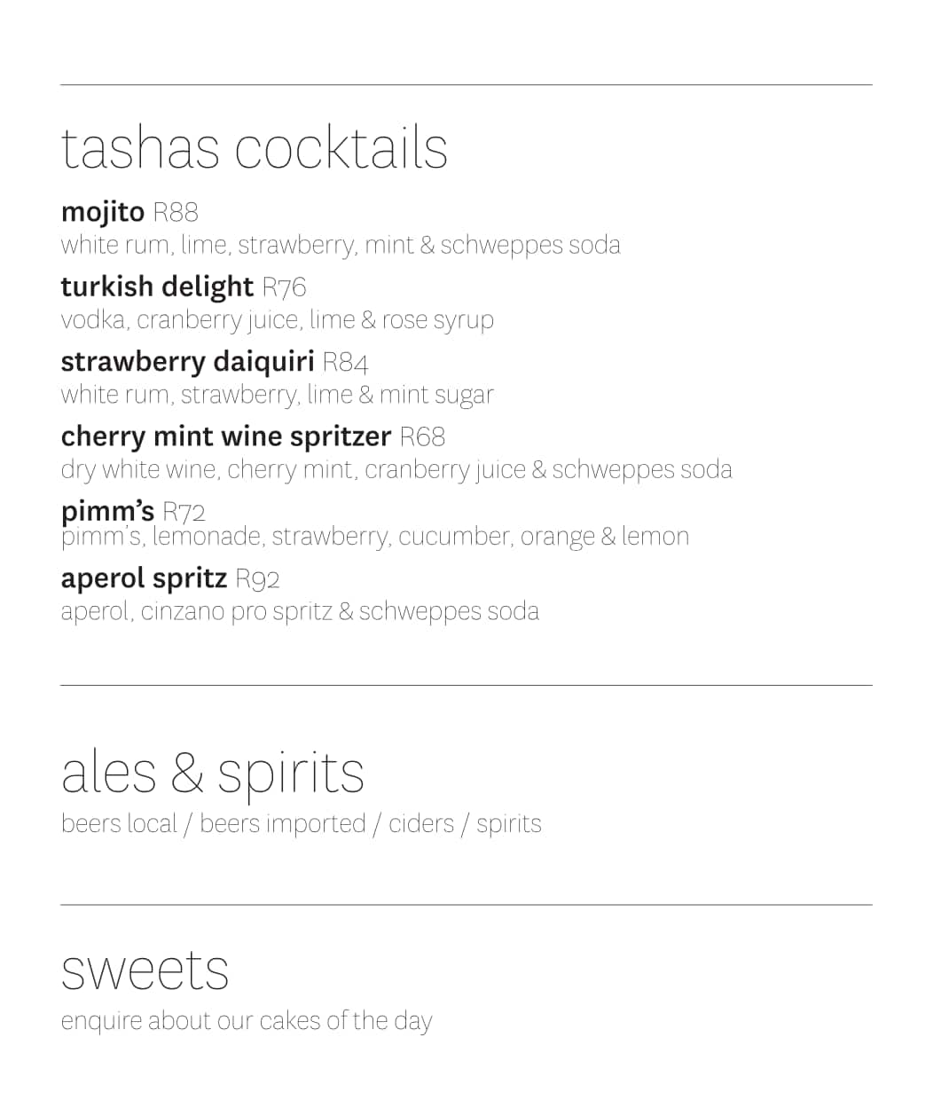 Menu at tashas Nelson Mandela Square restaurant, Sandton