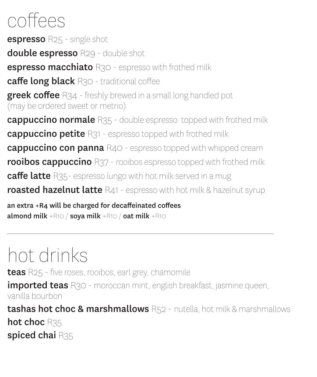 Menu at tashas Nelson Mandela Square restaurant, Sandton