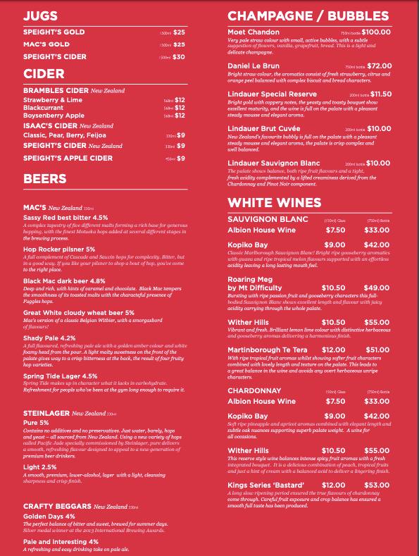 Menu at The Albion of Auckland - Albion Hotel pub & bar, Auckland