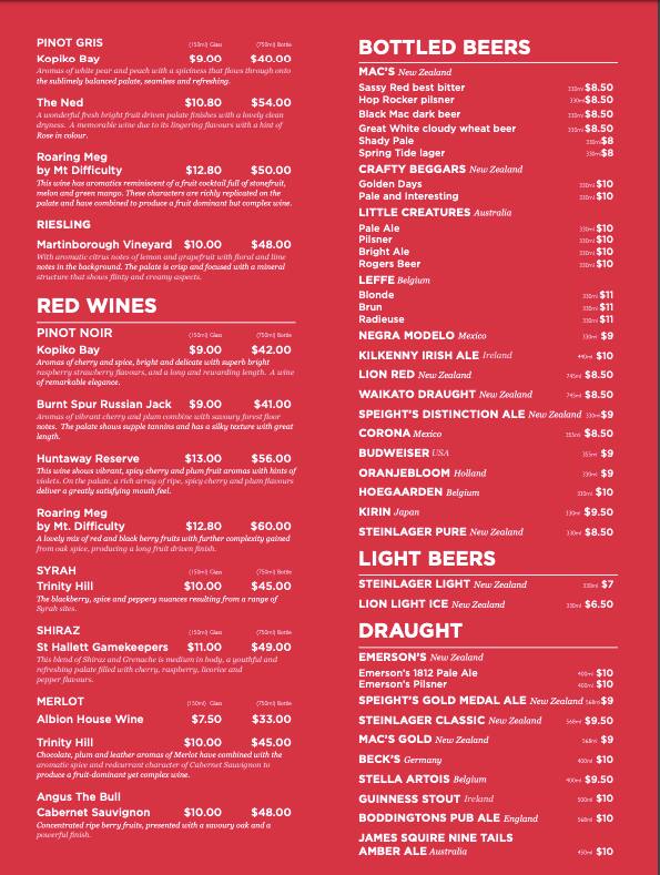 Menu at The Albion of Auckland - Albion Hotel pub & bar, Auckland