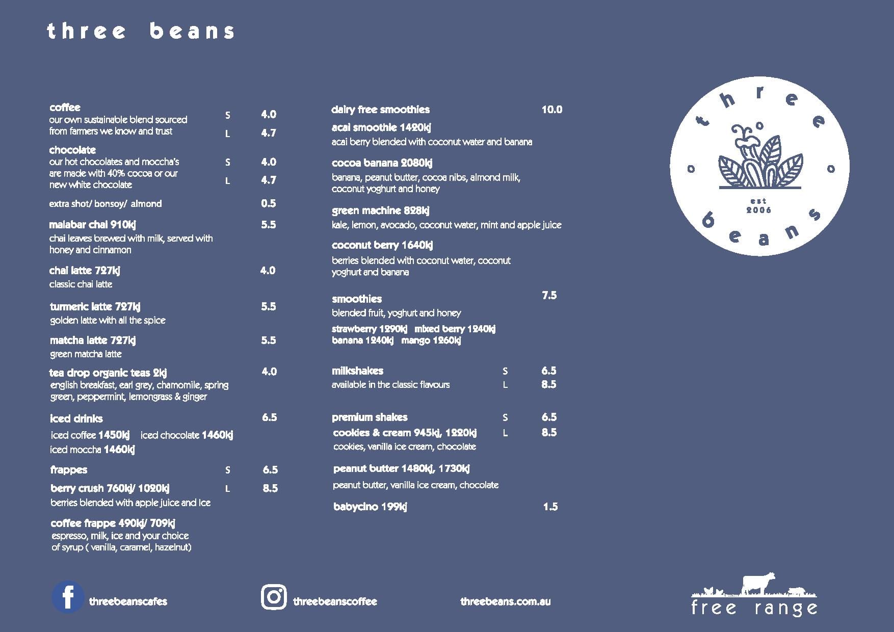 Menu at Three Beans cafe, Castle Hill, Shop 454