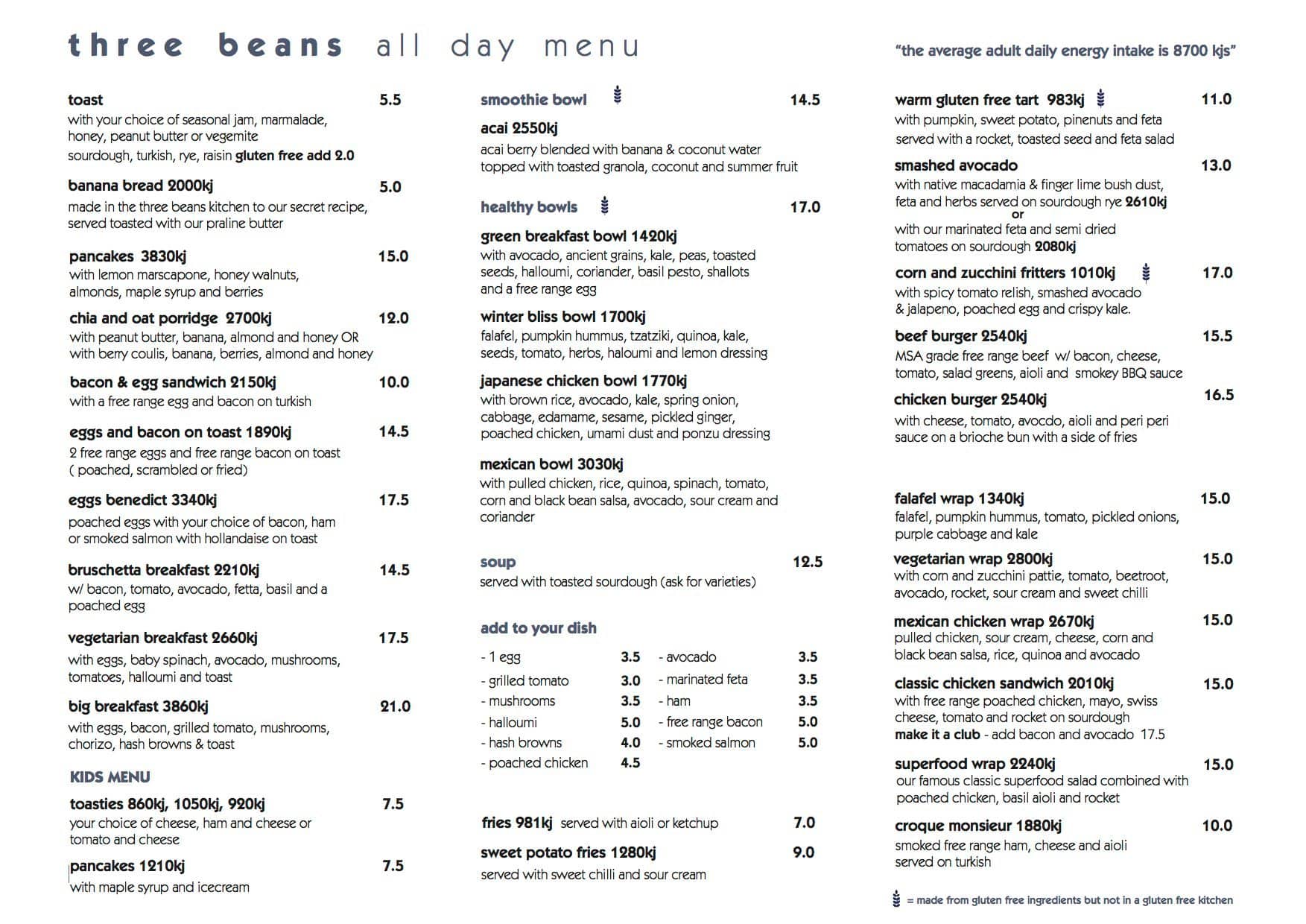 Menu at Three Beans cafe, Hunters Hill