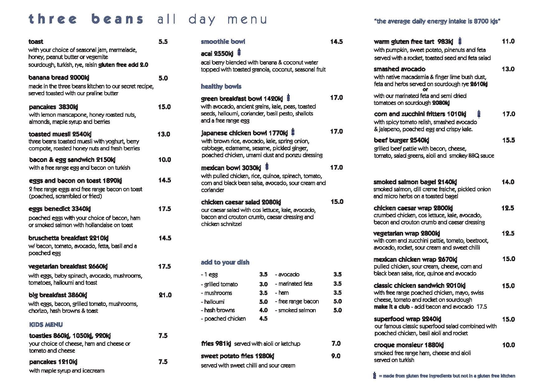 Menu at Three Beans cafe, Castle Hill, Shop 454