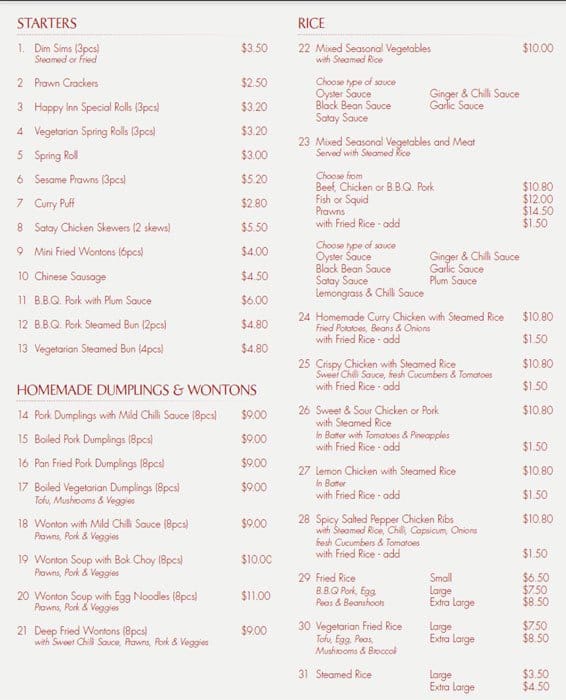 Menu at Happy Inn restaurant, Carlton North, 723 Nicholson St