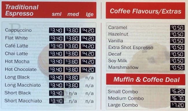 Menu at Press Cafe, Brisbane City