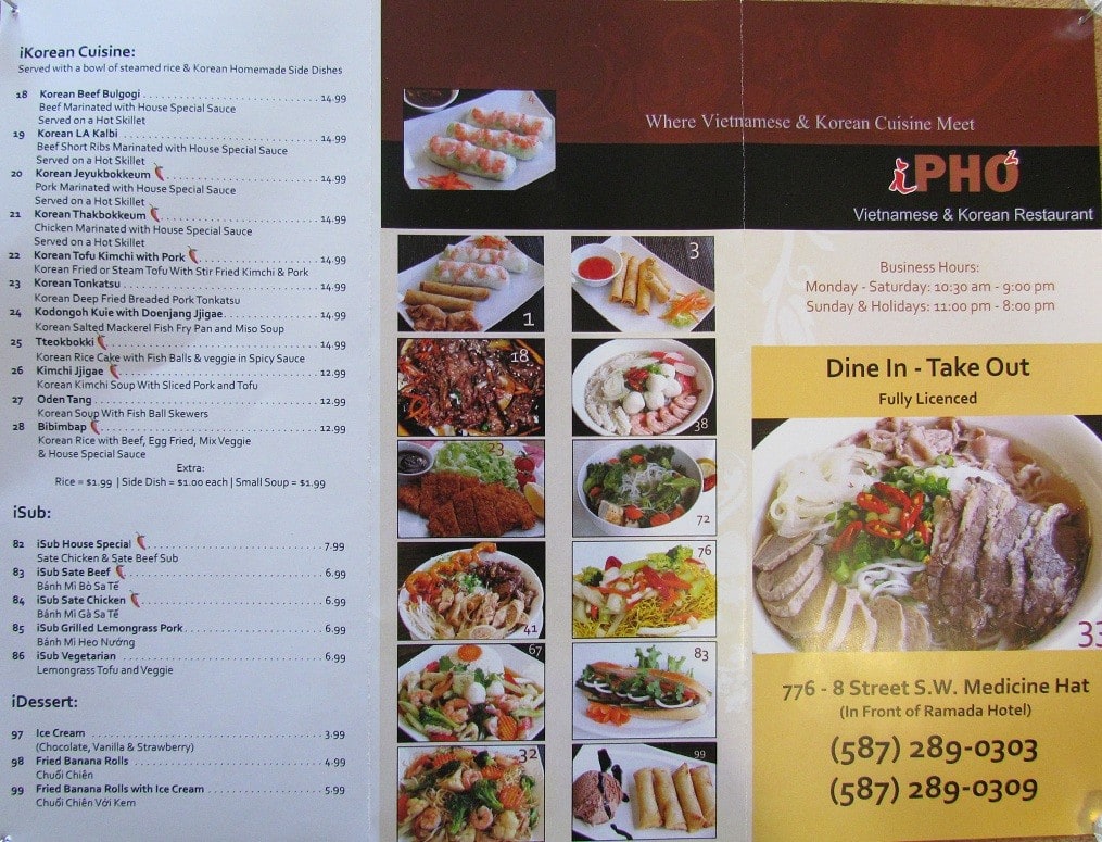 Menu au IPHO Vietnamese & Korean Restaurant, Medicine Hat