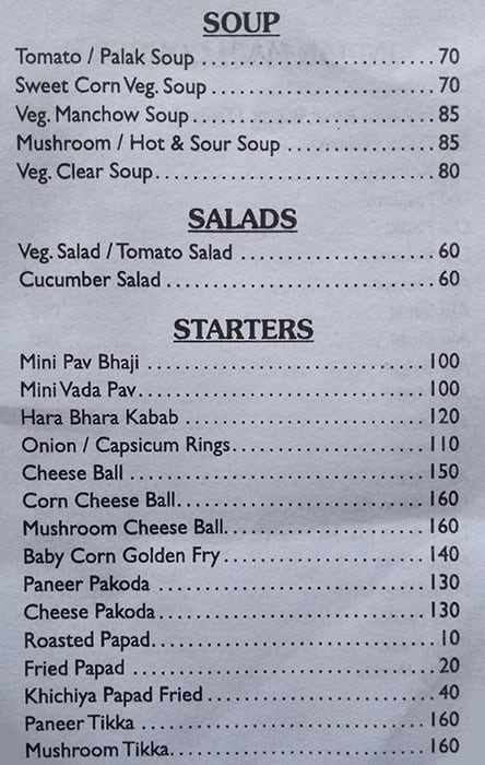 Menu of Satkar Veg Restaurant, Marine Lines, Mumbai