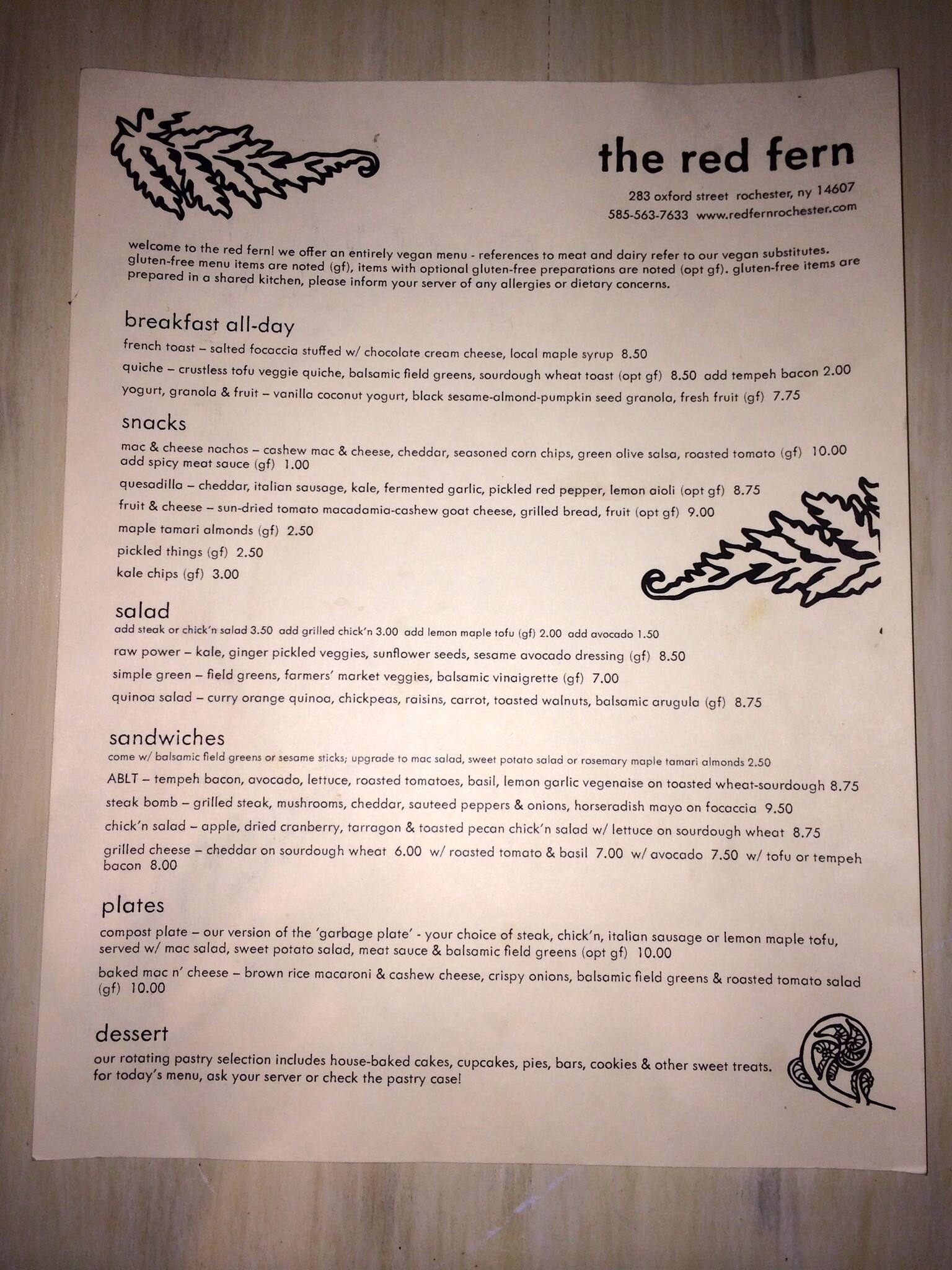 Menu at The Red Fern restaurant, Rochester