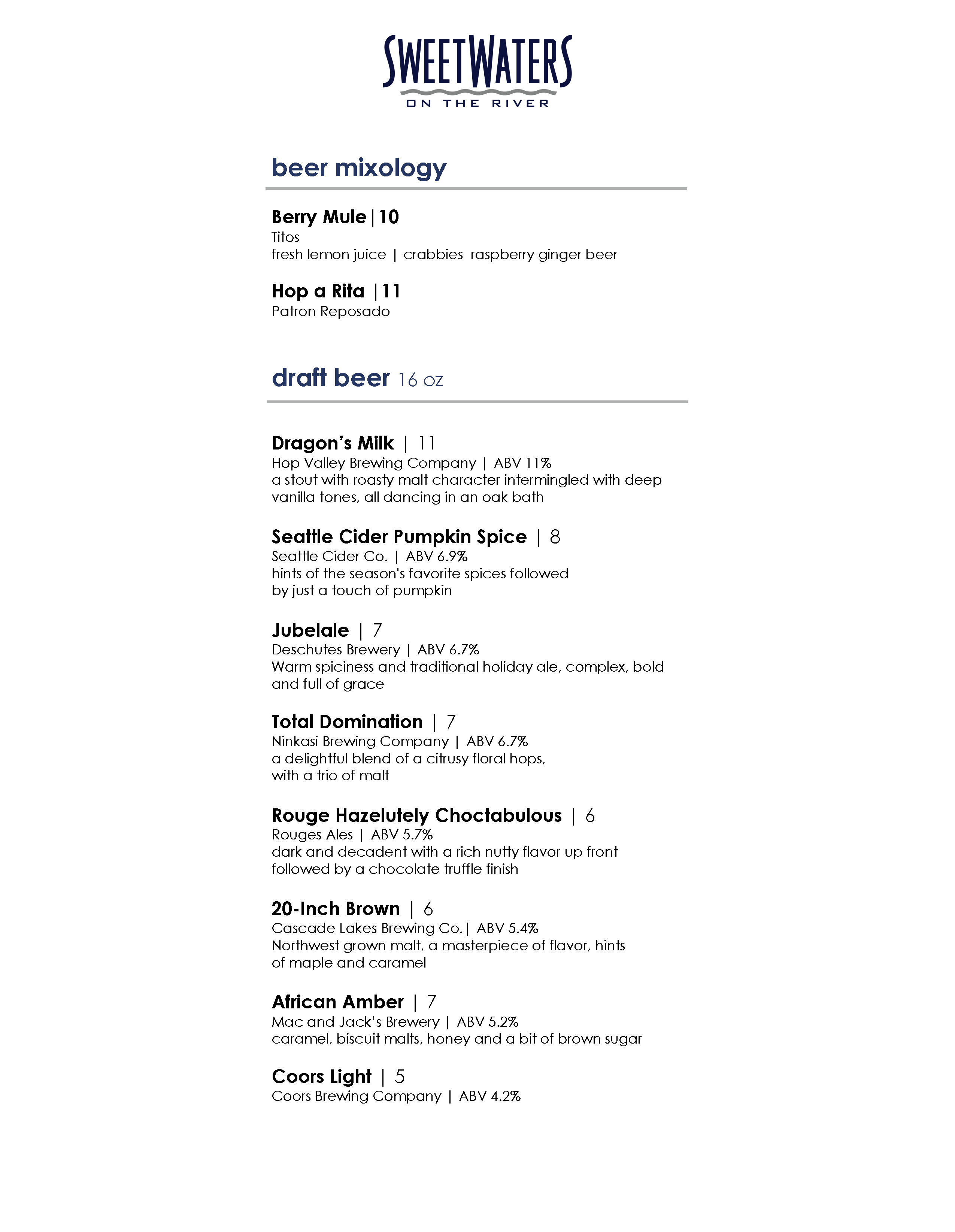 Menu at Valley River Inn restaurant, Eugene