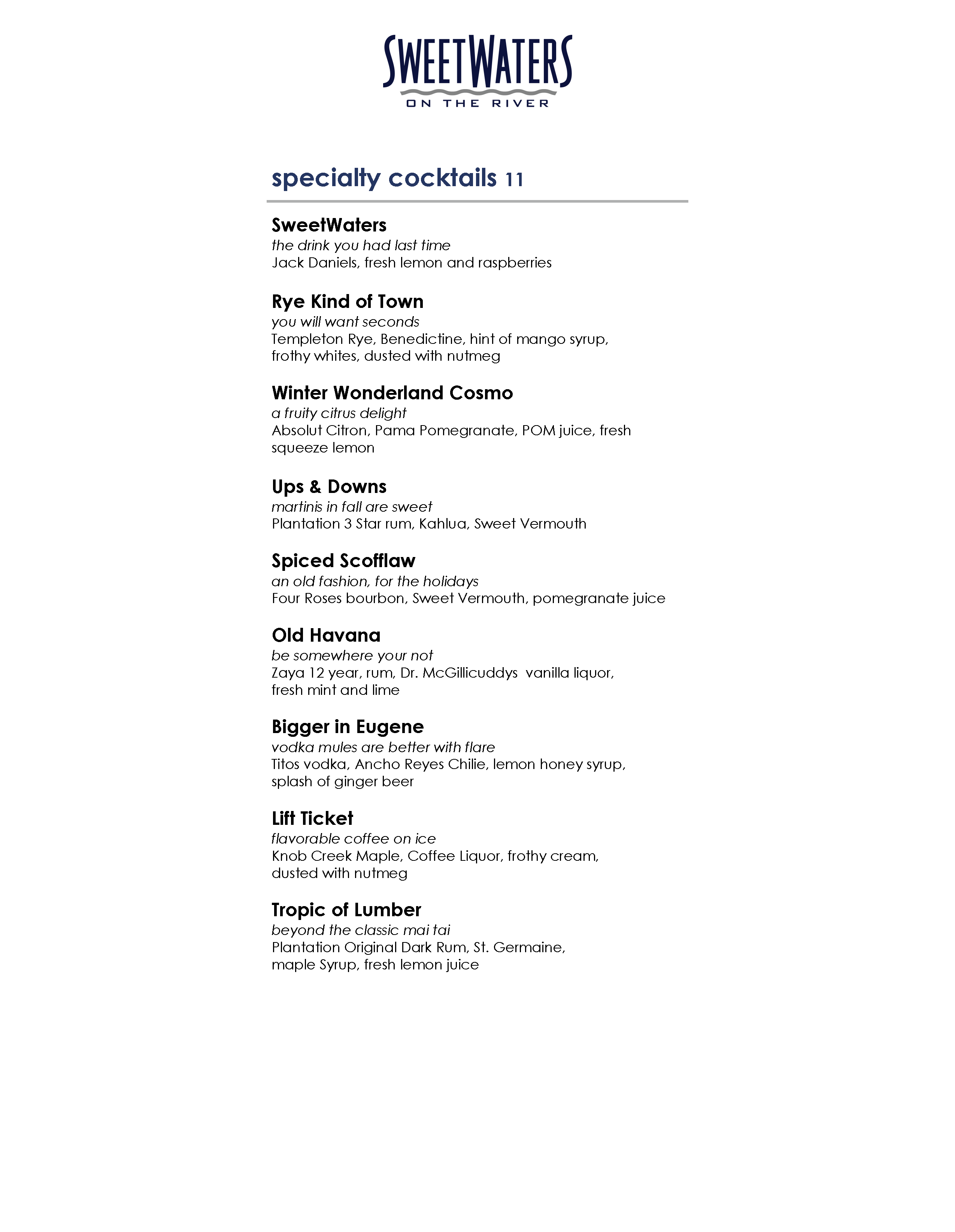 Menu at Valley River Inn restaurant, Eugene