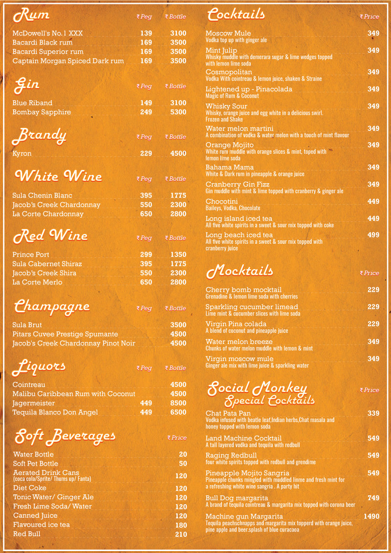 Menu at Social Monkey, Hyderabad