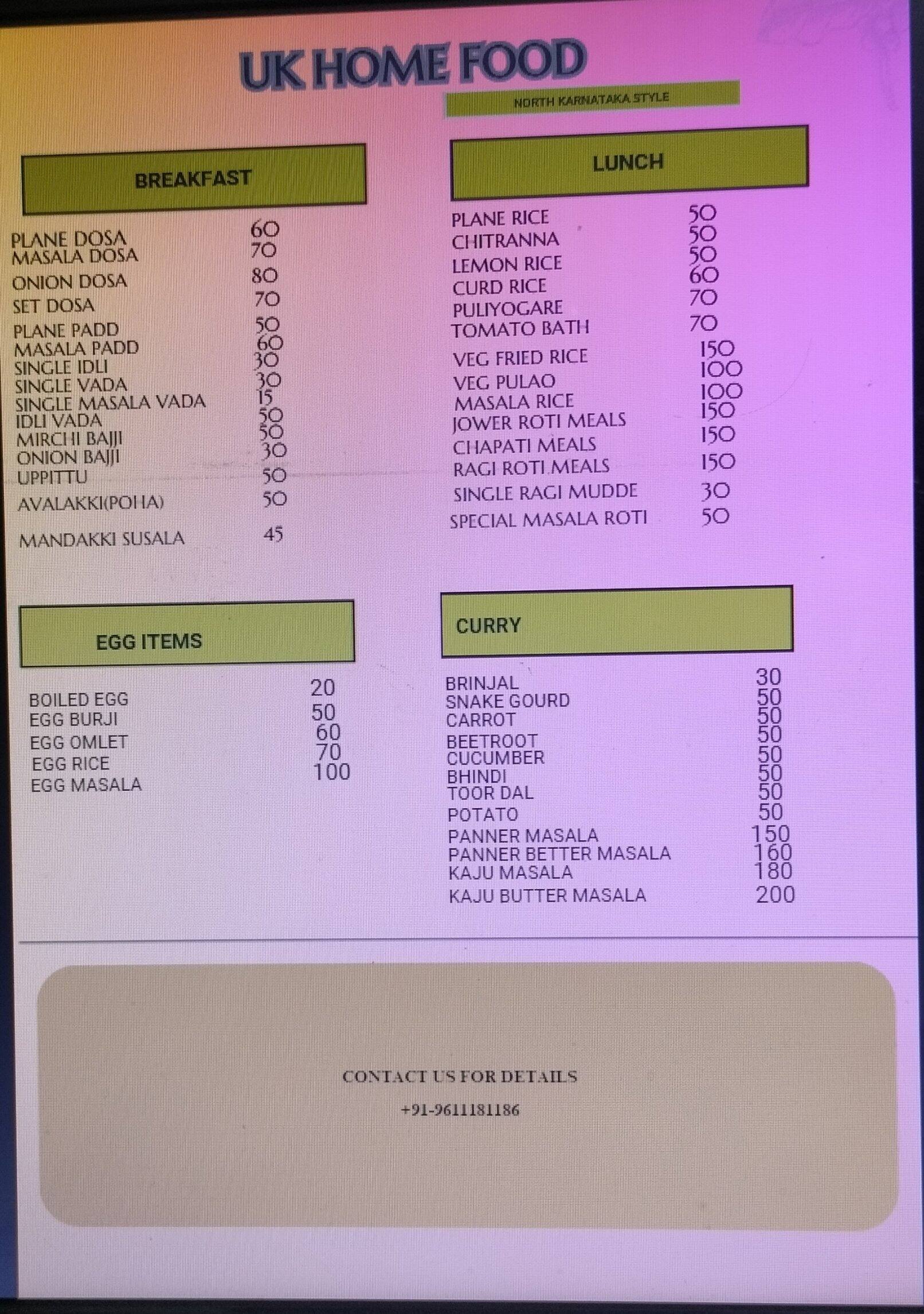 Menu of UK Home Food, Sahakara Nagar, Bangalore