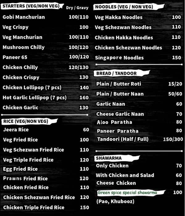 Menu of Green Spice Family Restaurant, Porvorim, Goa