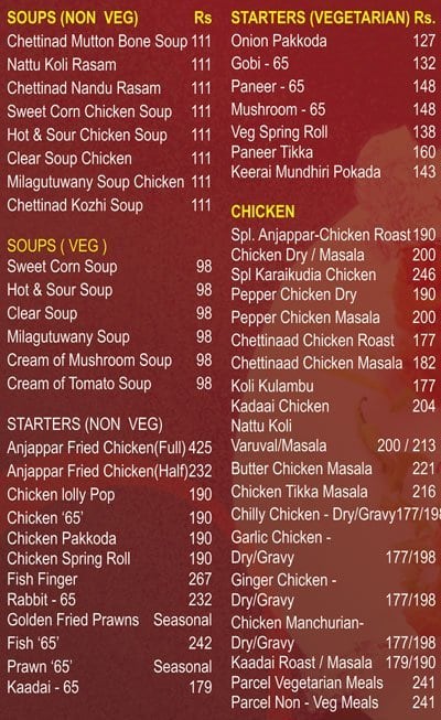 Anjappar Menu, Menu podniku Anjappar, Indiranagar, Bangalore - Zomato