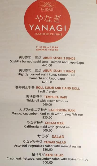 Menu at Yanagi - Midas Hotel & Casino, Pasay