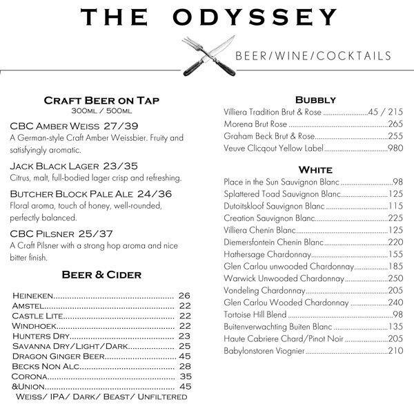 Menu at The Odyssey restaurant, Cape Town, Taurus Road