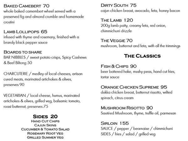Menu at The Odyssey restaurant, Cape Town, Taurus Road