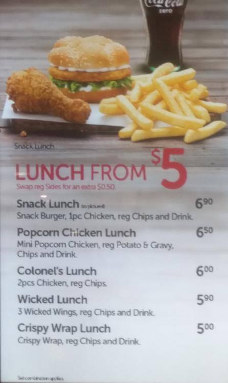 Menu at KFC restaurant, Auckland, 10 Quay St
