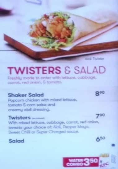 Menu at KFC restaurant, Auckland, 10 Quay St