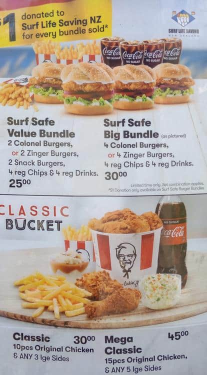 Menu at KFC restaurant, Auckland, 10 Quay St