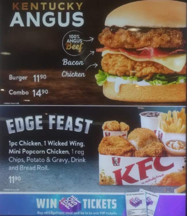 Menu at KFC restaurant, Auckland, 10 Quay St