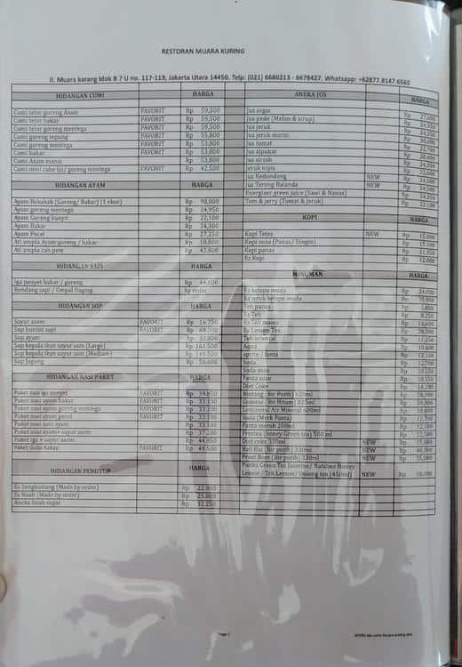 Menu at Muara Kuring restaurant, Jakarta, Jln. Muara Karang 117- 119