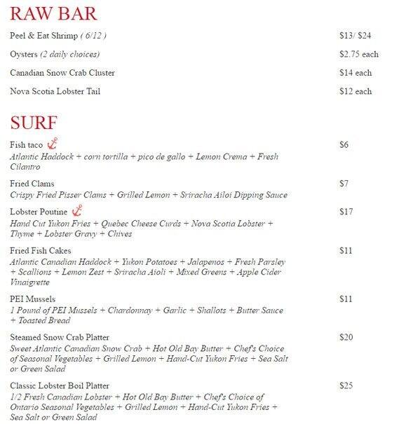 Menu at Rock Lobster restaurant, Toronto, 538 Queen St W