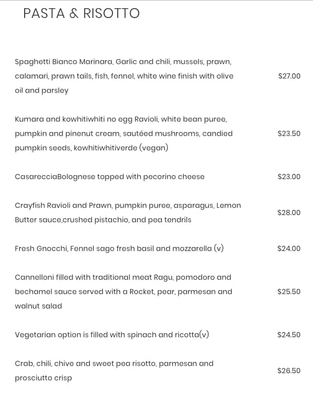Menu at Leonardo's Pure Italian restaurant, Rotorua