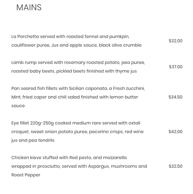Menu at Leonardo's Pure Italian restaurant, Rotorua