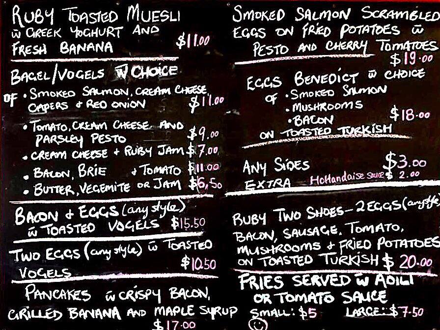 Menu at Ruby Cafe, New Plymouth