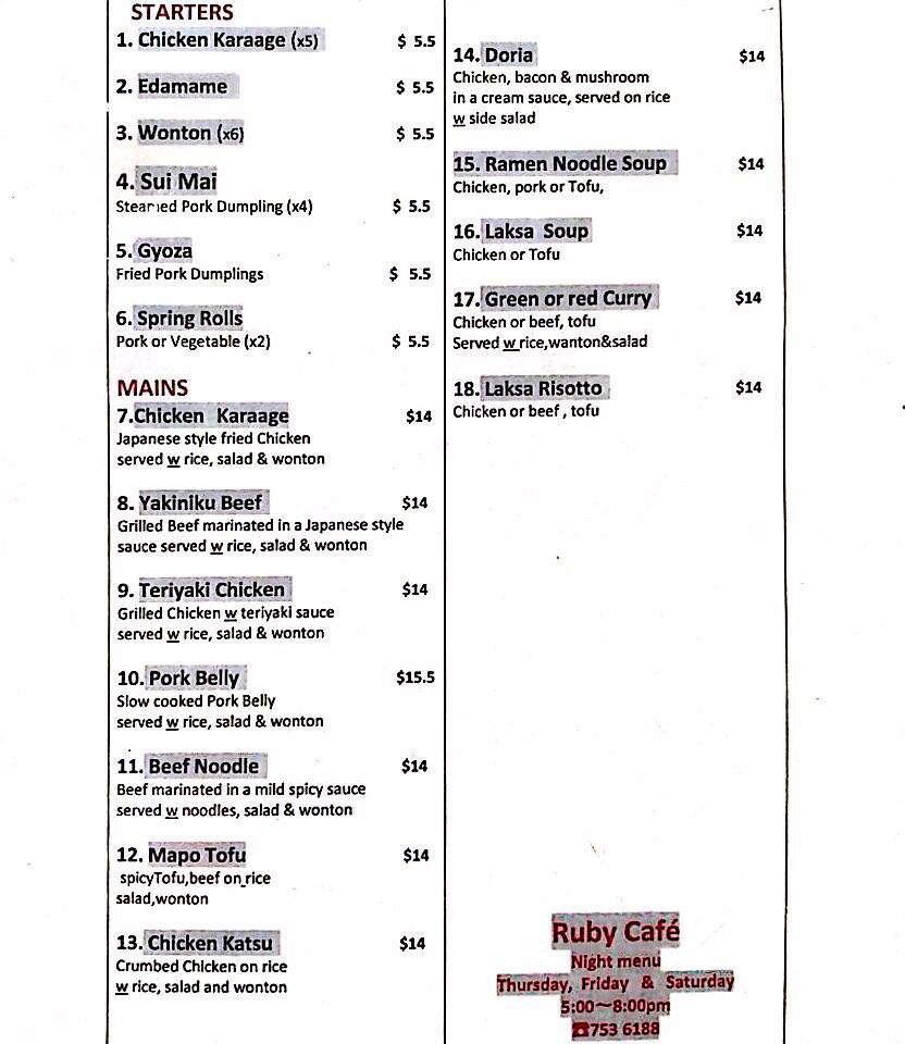 Menu at Ruby Cafe, New Plymouth