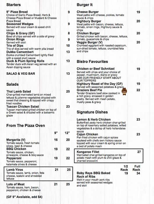 Menu at Highbury Hotel pub & bar, Highbury