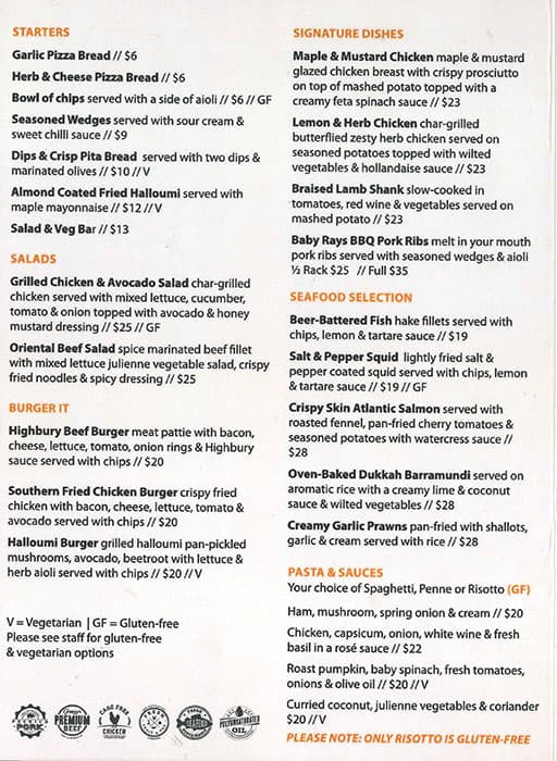 Menu at Highbury Hotel pub & bar, Highbury