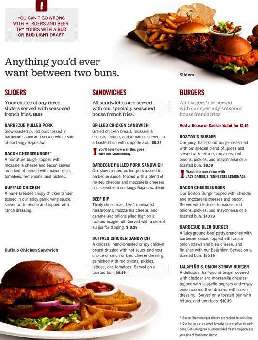 Menu at Boston's Restaurant & Sports Bar, Arlington